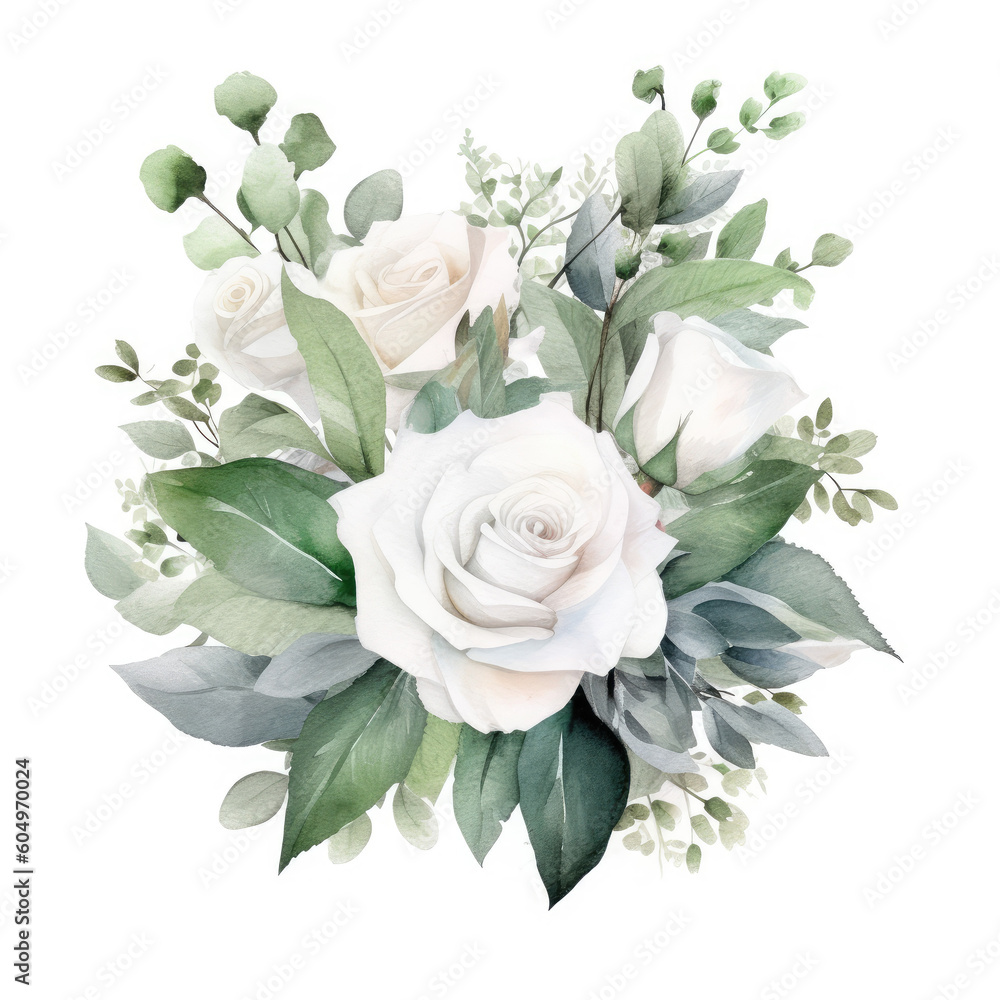 Elegant Roses Wedding Floral Bouquet - Watercolor Clipart with White ...