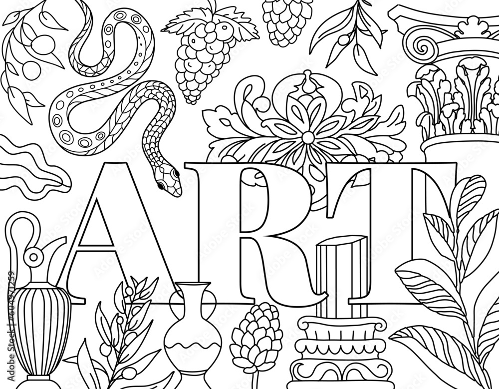 Art. Ancient Coloring page with Corinthian columns, antique pottery ...