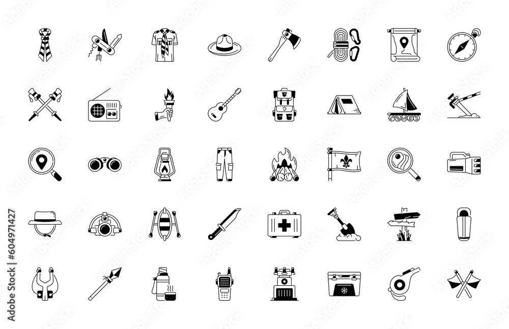 Set of 40 minimal scout icons showing the equipment and activities for ...
