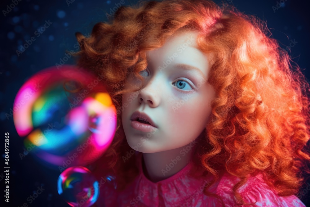 Cute red hair girl with surprising face on a bubble background, ai ...