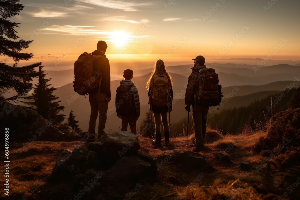 Four friends standing with trekking poles on cliff edge, looking at ...