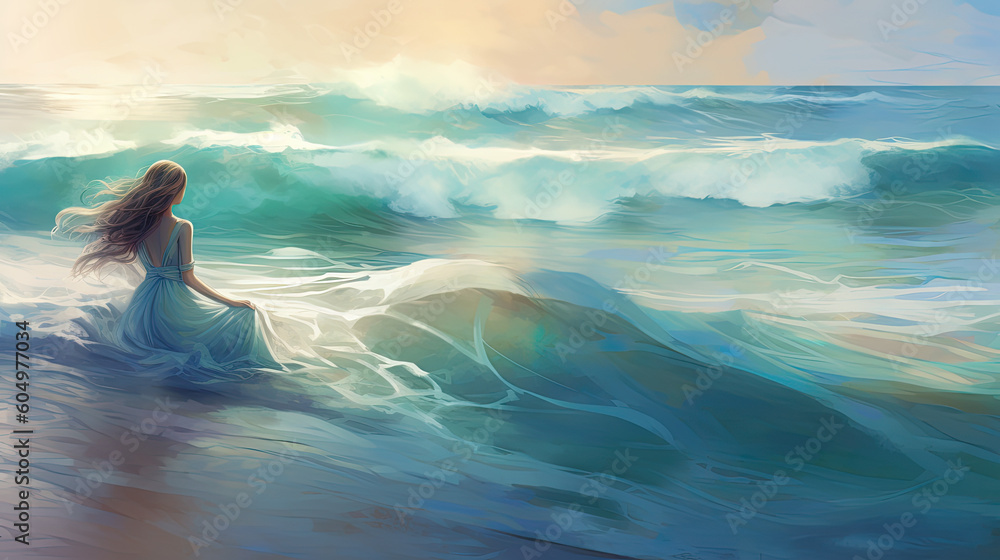 Digital painting portraying a serene beach scene with ethereal psychic ...