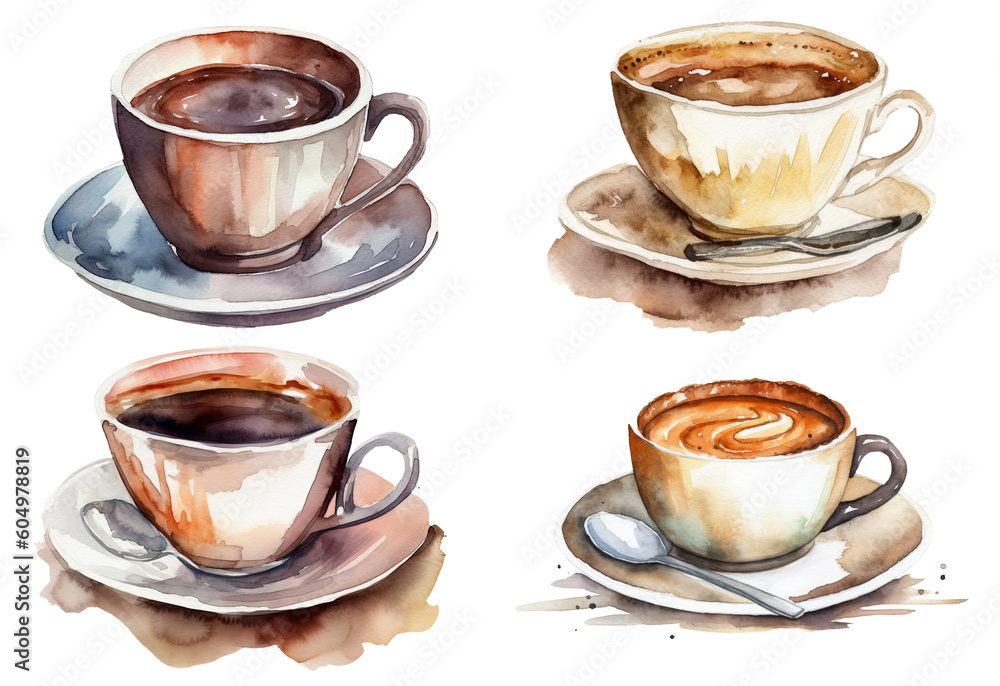 Watercolor set of Tea or coffee cups isolated on clear png background ...