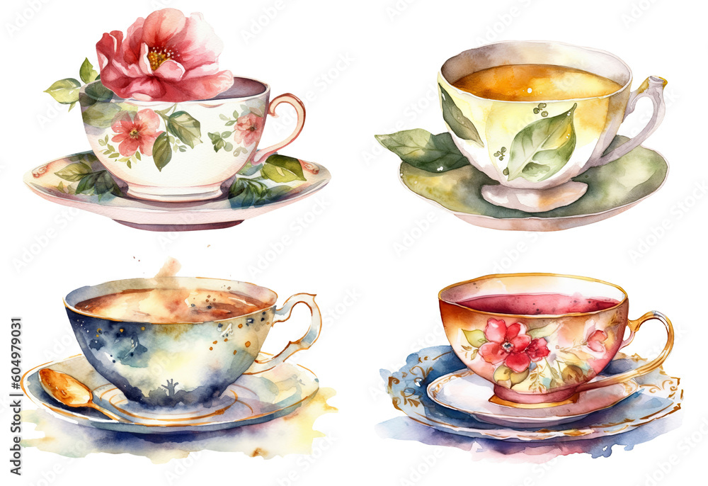 Watercolor set of Tea or coffee cups isolated on clear png background ...