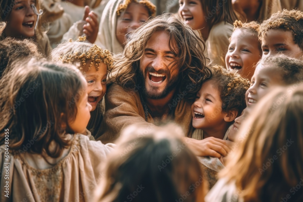 Smiling Jesus with group of children, ai generative Stock Illustration ...