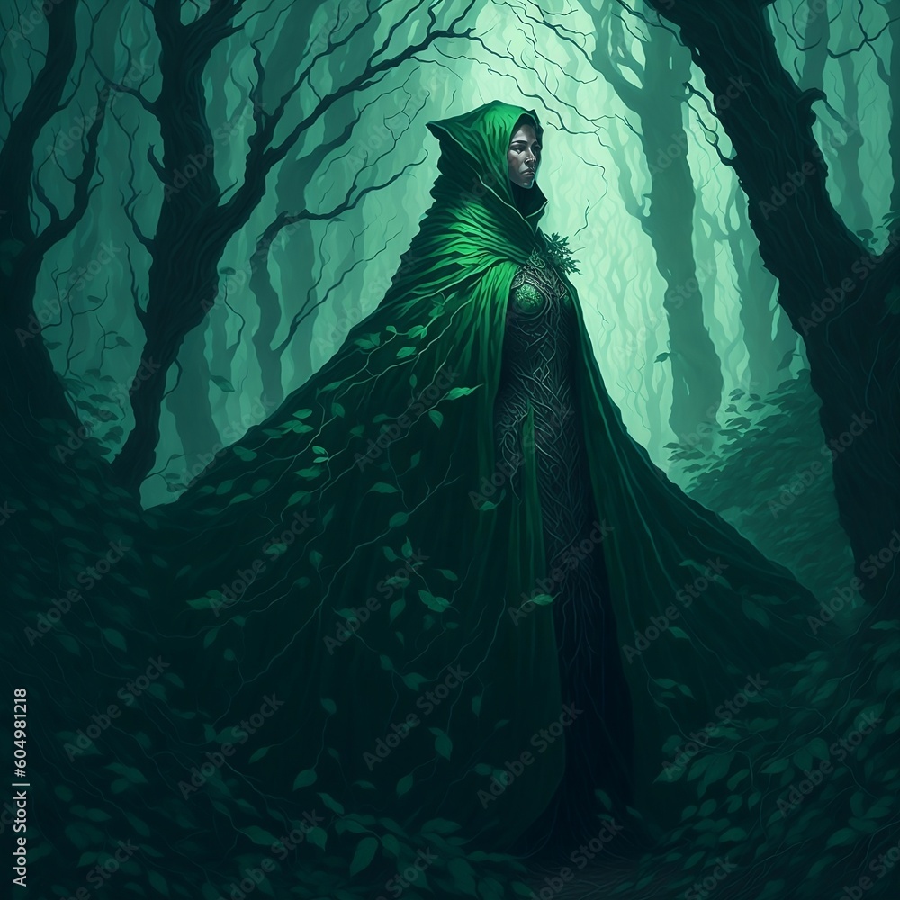 A figure in a shimmering cloak of emerald green stands in a forest ...