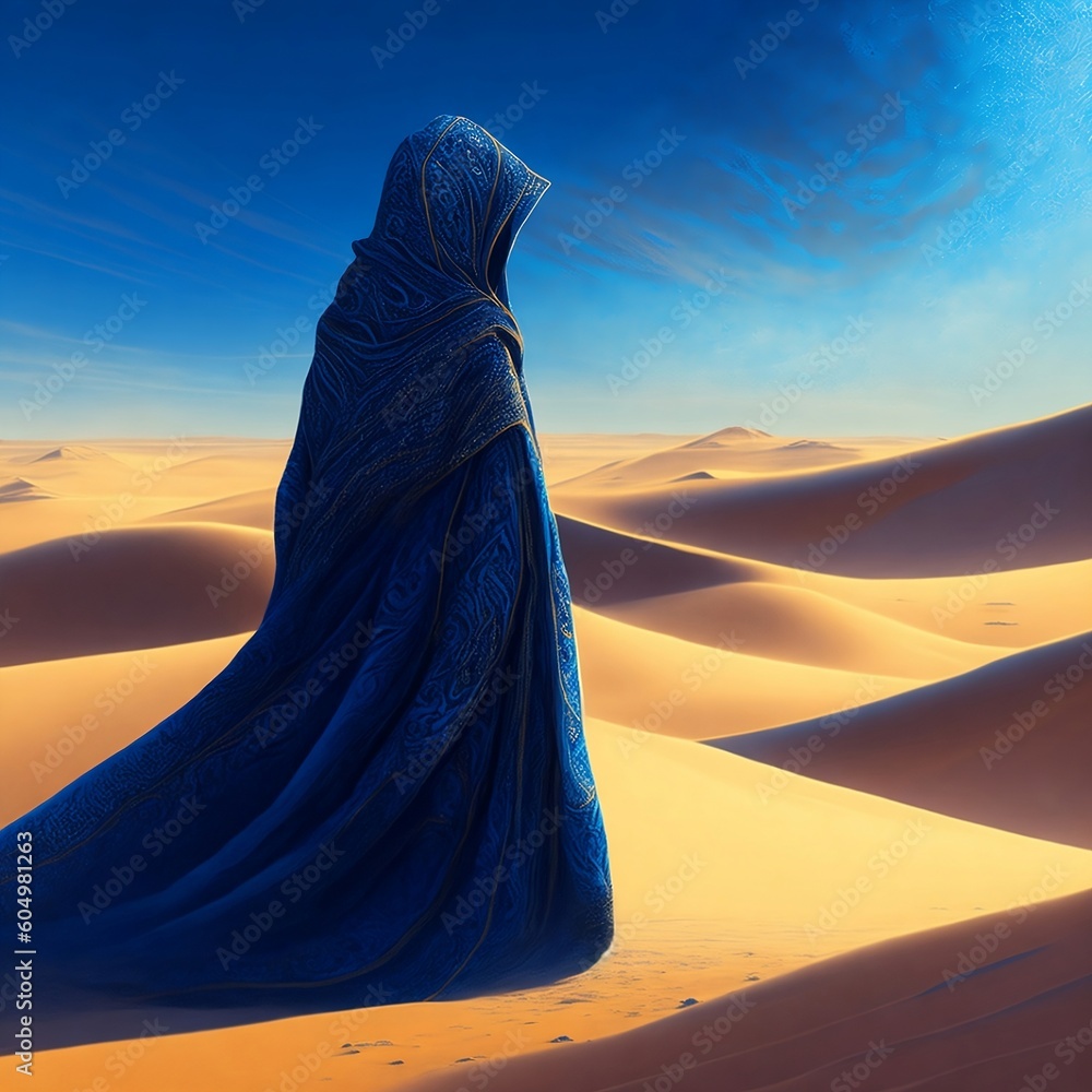 A figure shrouded in a cloak adorned with swirling patterns inspired by ...