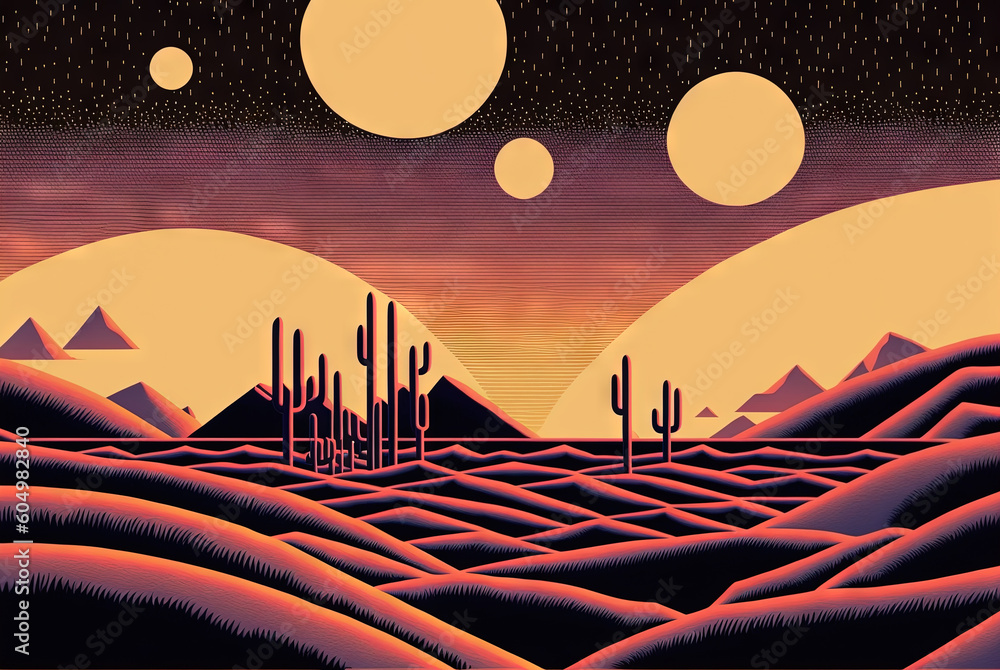 Retro styled sci-fi landscape with mountains. Retro futuristic science ...