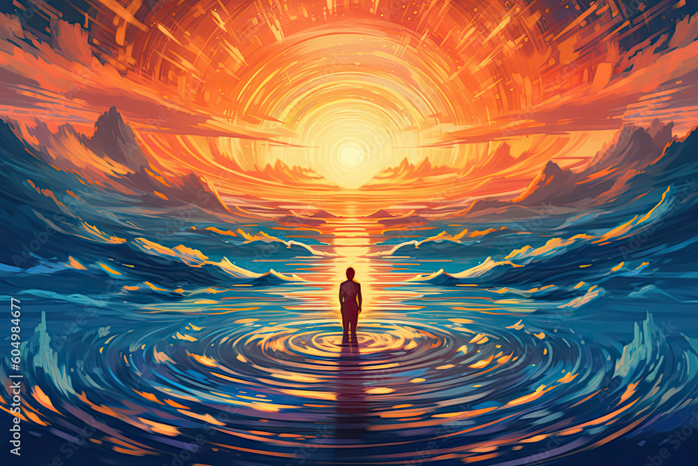 Digital artwork featuring a person meditating amidst a sea of radiant ...