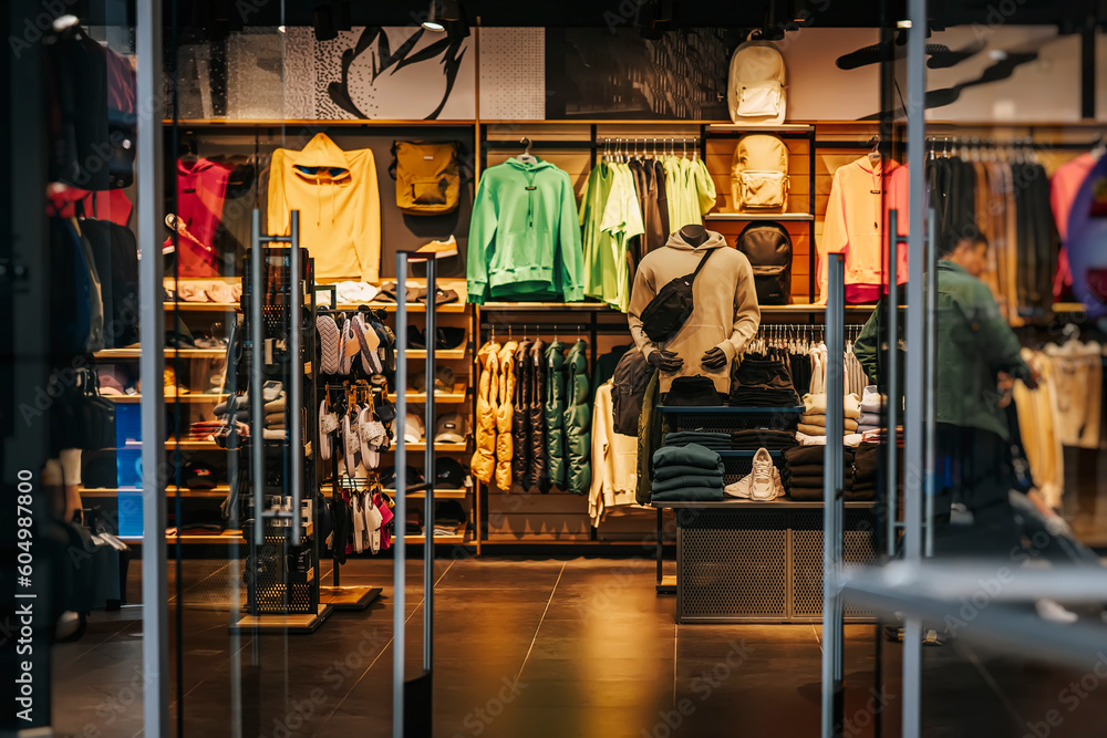 Darkened interior of sports retail store, clothes and shoes ...