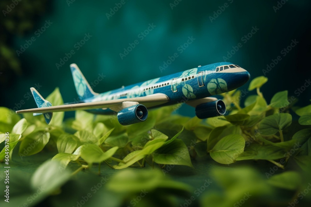 Eco-friendly plane model surrounded by green leaves on blue backdrop ...