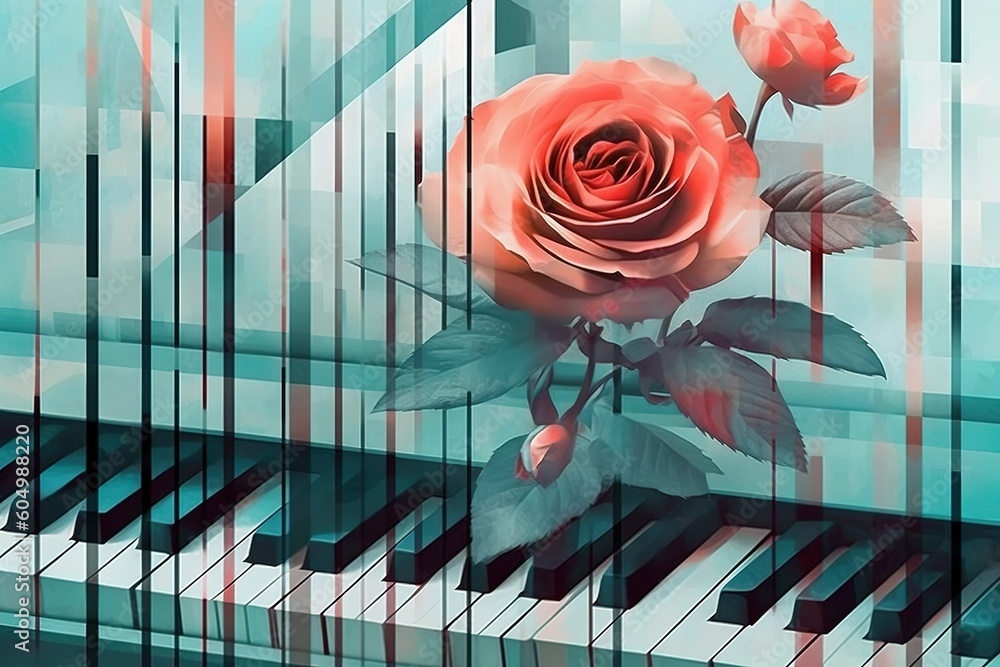 Beautiful red rose on piano keys with striped lines, front view ...