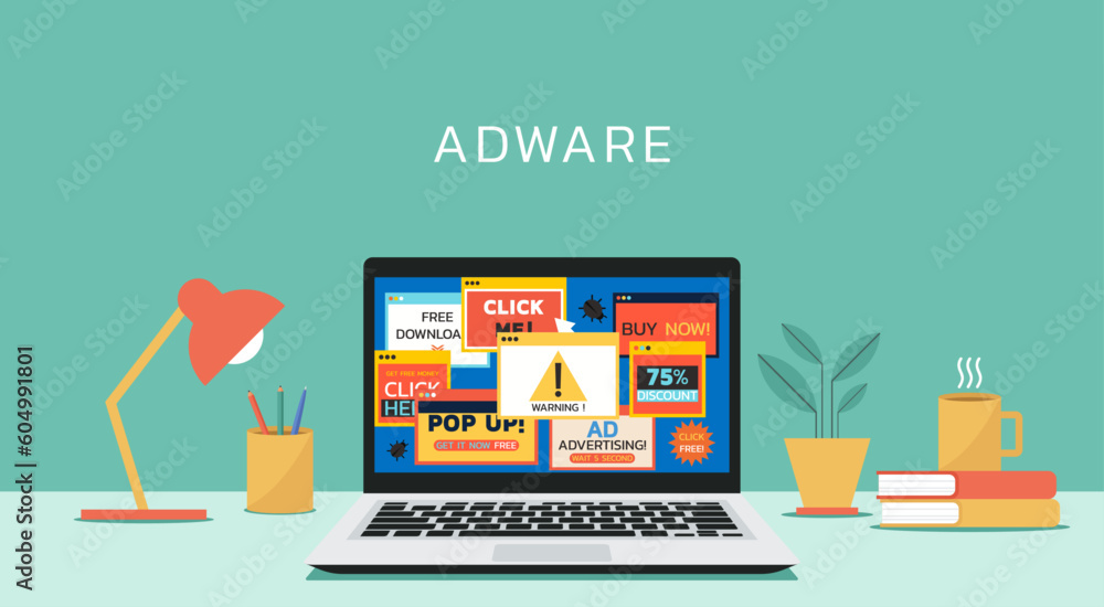 adware attack concept with alert notification of phishing advertisement ...
