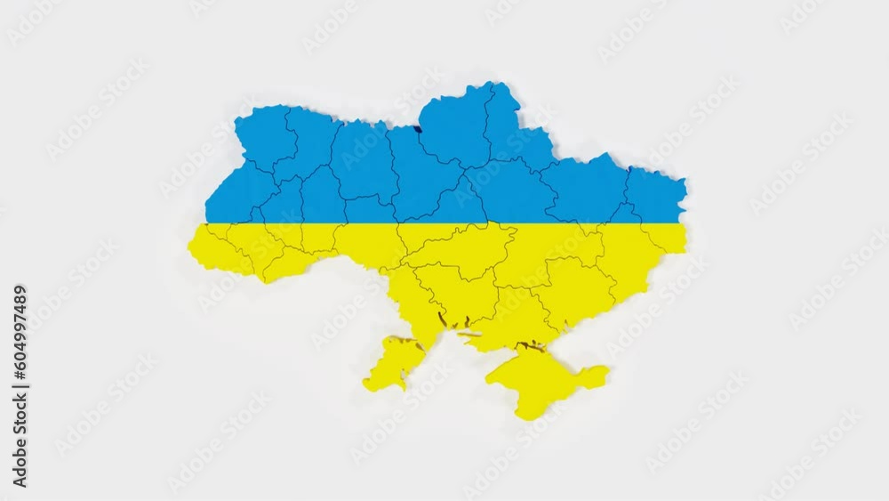 Map of Ukraine in blue-yellow flag colors, top view. Formed by separate ...