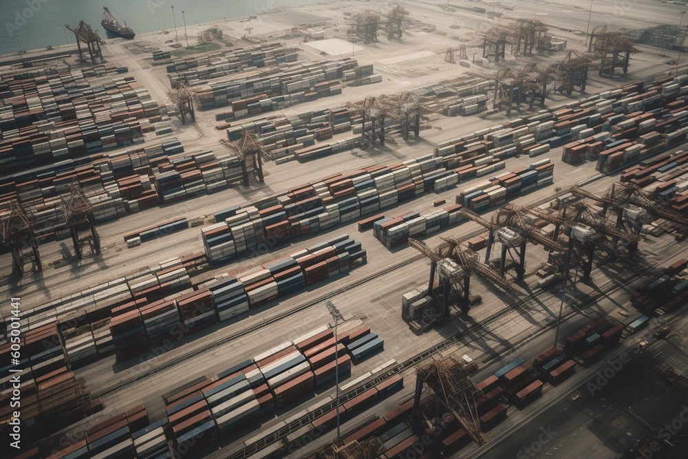An aerial perspective of a bustling shipping terminal featuring vessels ...