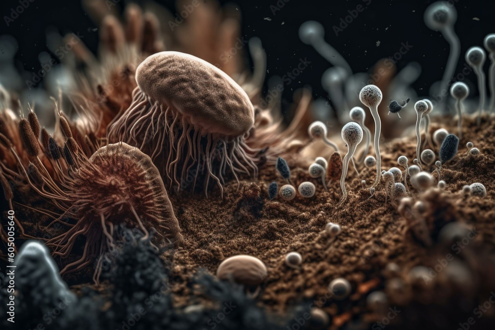 Microscopic view of soil organisms including nematodes and fungi ...