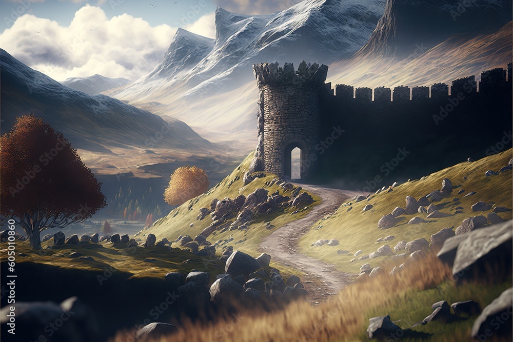 An ancient fortified stonewall with a gate that runs across the ...