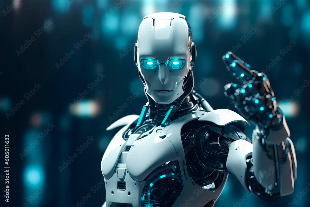 Cyber digital world android robot pointing finger computer coding AI chatbot background ...