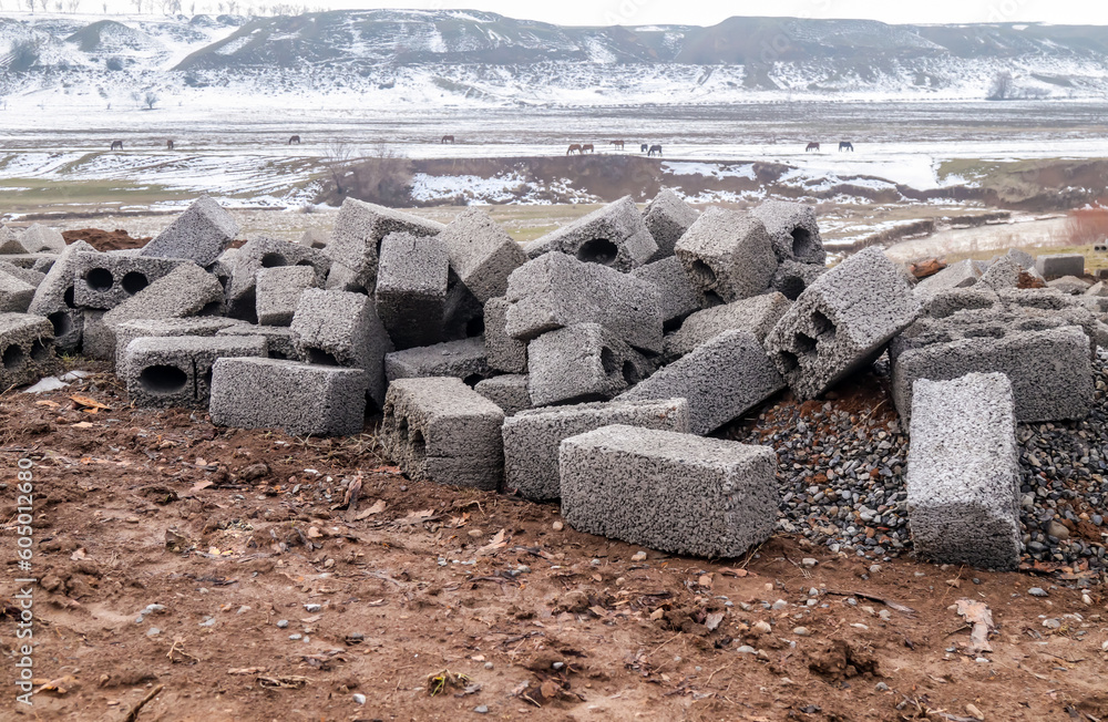 Warehouse of cinder block and products from cement mortar.Texture of ...
