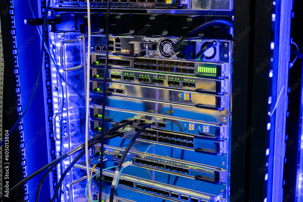 Telecommunication technology equipment - fiber optic cables and switch ...