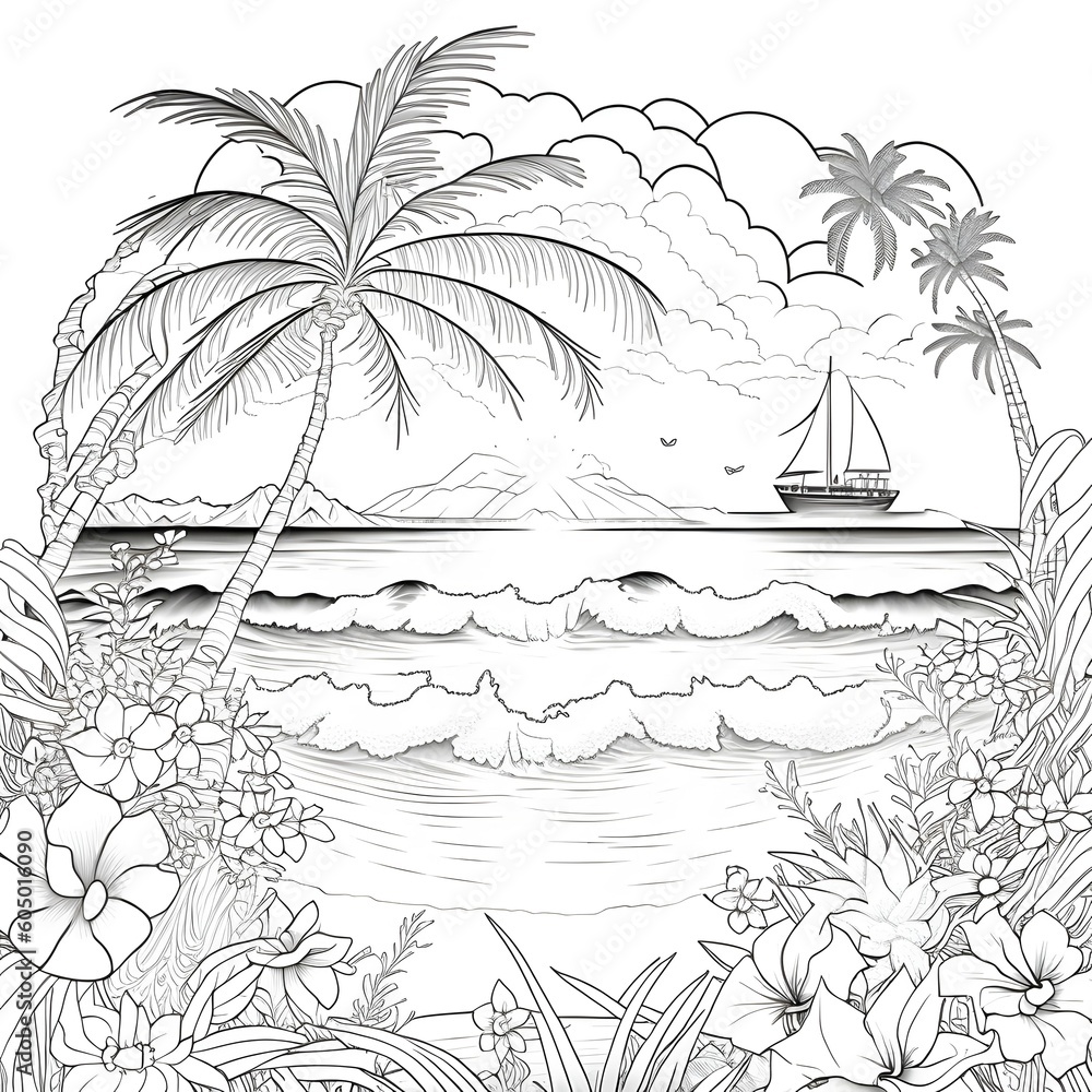 outline white imagine imagine of beach scene with ocean waves, flowers ...