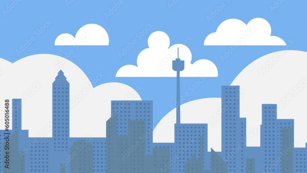 2d animation explainer background with sun, clouds, ocean, buildings ...