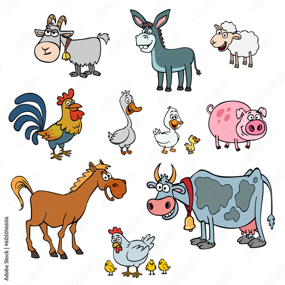 cartoon character farm animals chicken duck cow horse donkey rooster ...