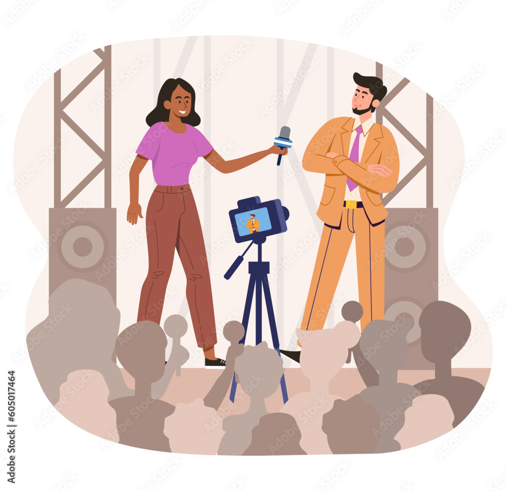 Celebrity with journalist. Woman interviewing man in suit Popular ...