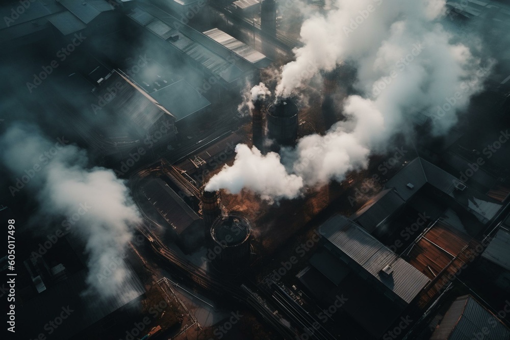 Bird's eye view of a factory emitting smoke from its chimneys ...