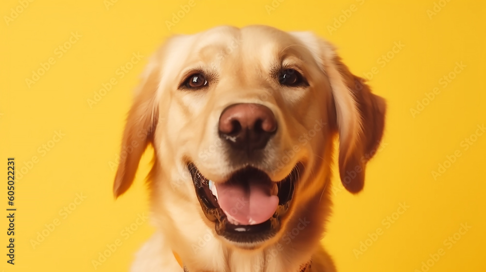 generative ai tools, Happy puppy smiling on an isolated yellow light ...