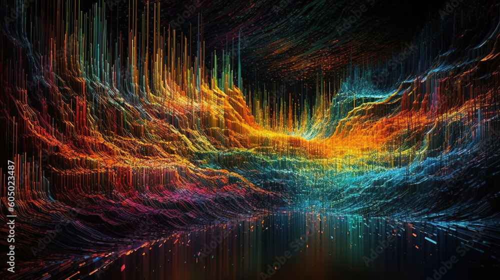 Abstract digital landscape with colorful particles dots. Fractal realms ...