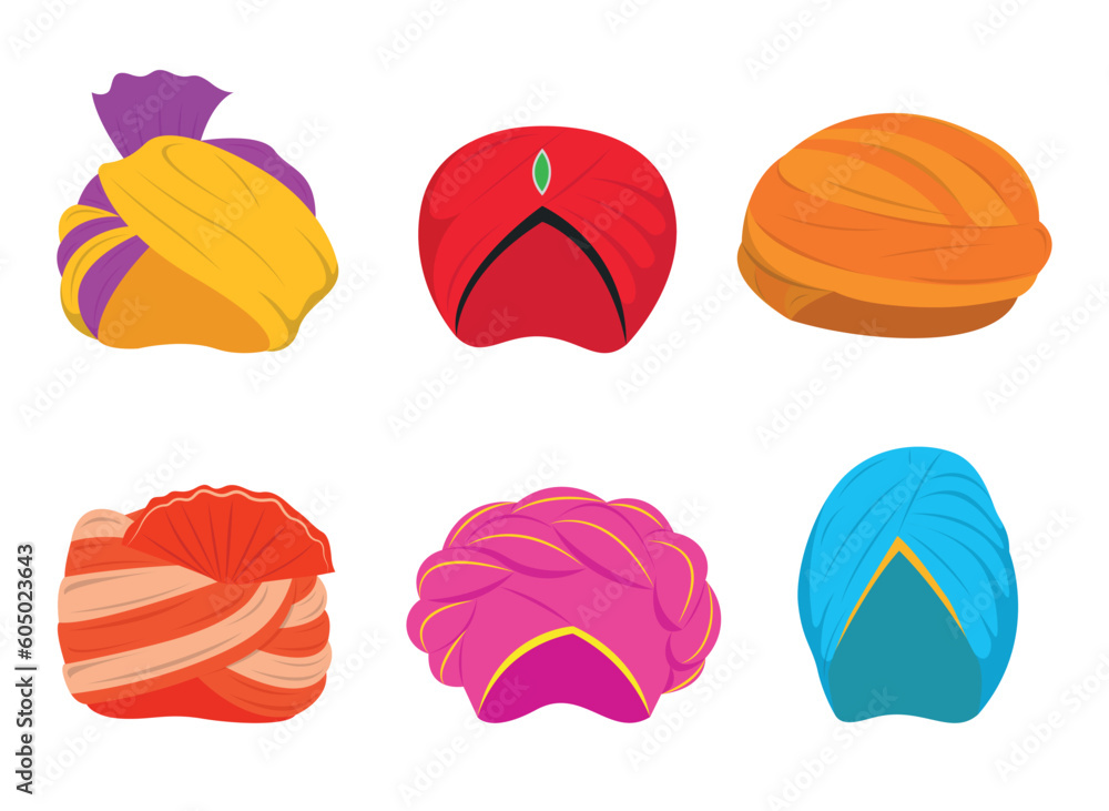 Set of colored turbans: yellow, red, orange, pink and blue in cartoon ...