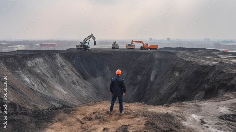 Engineer stands in front of Open Mining Pit, Coal Mine Panorama ...