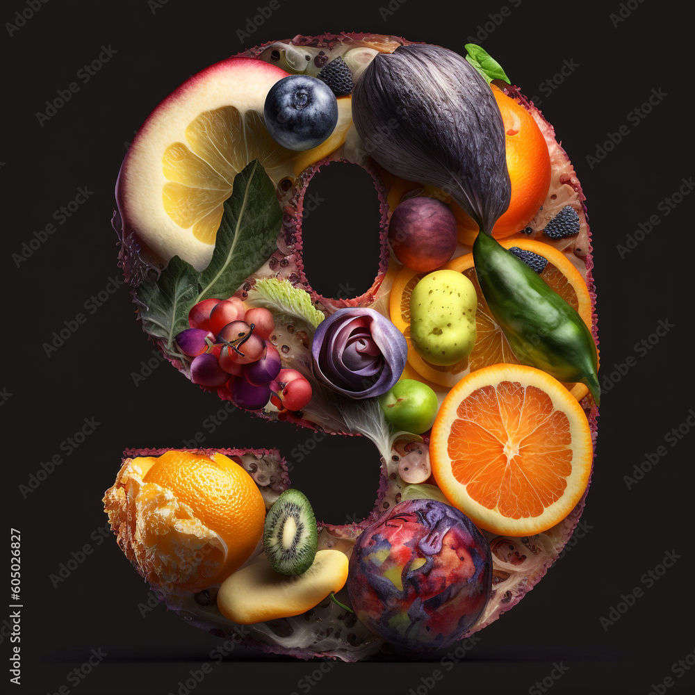 Ai generated number nine made of fruits and vegetables. 3D Render green ...