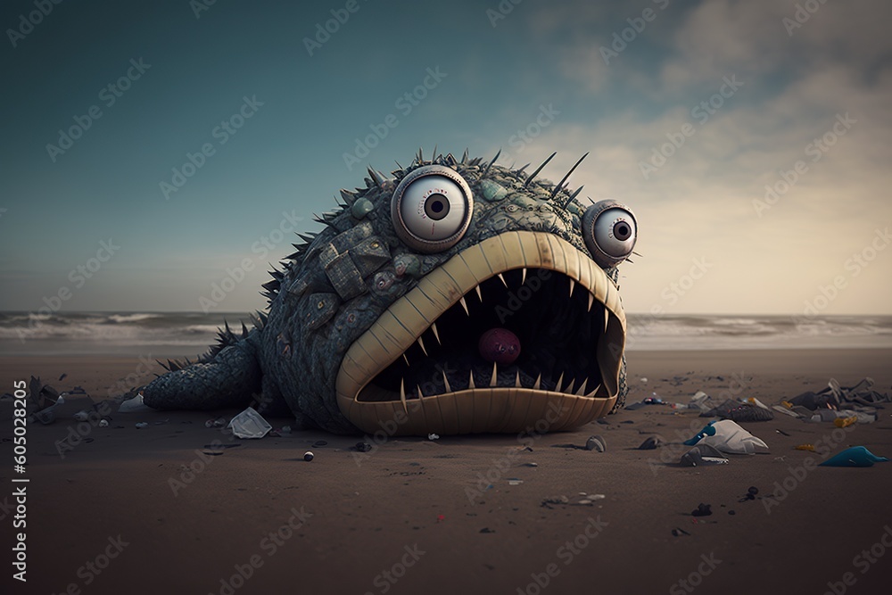 Scary ugly monster made of garbage lies on a dirty beach, created with ...