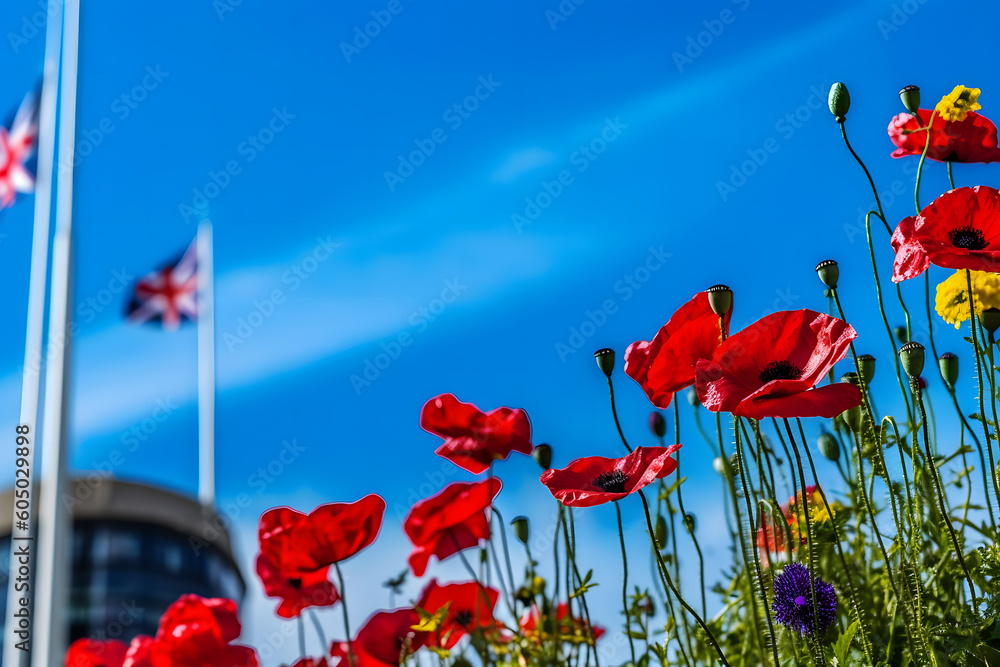 Remembrance Day. Realistic Red Poppy flower and Flag of the United ...