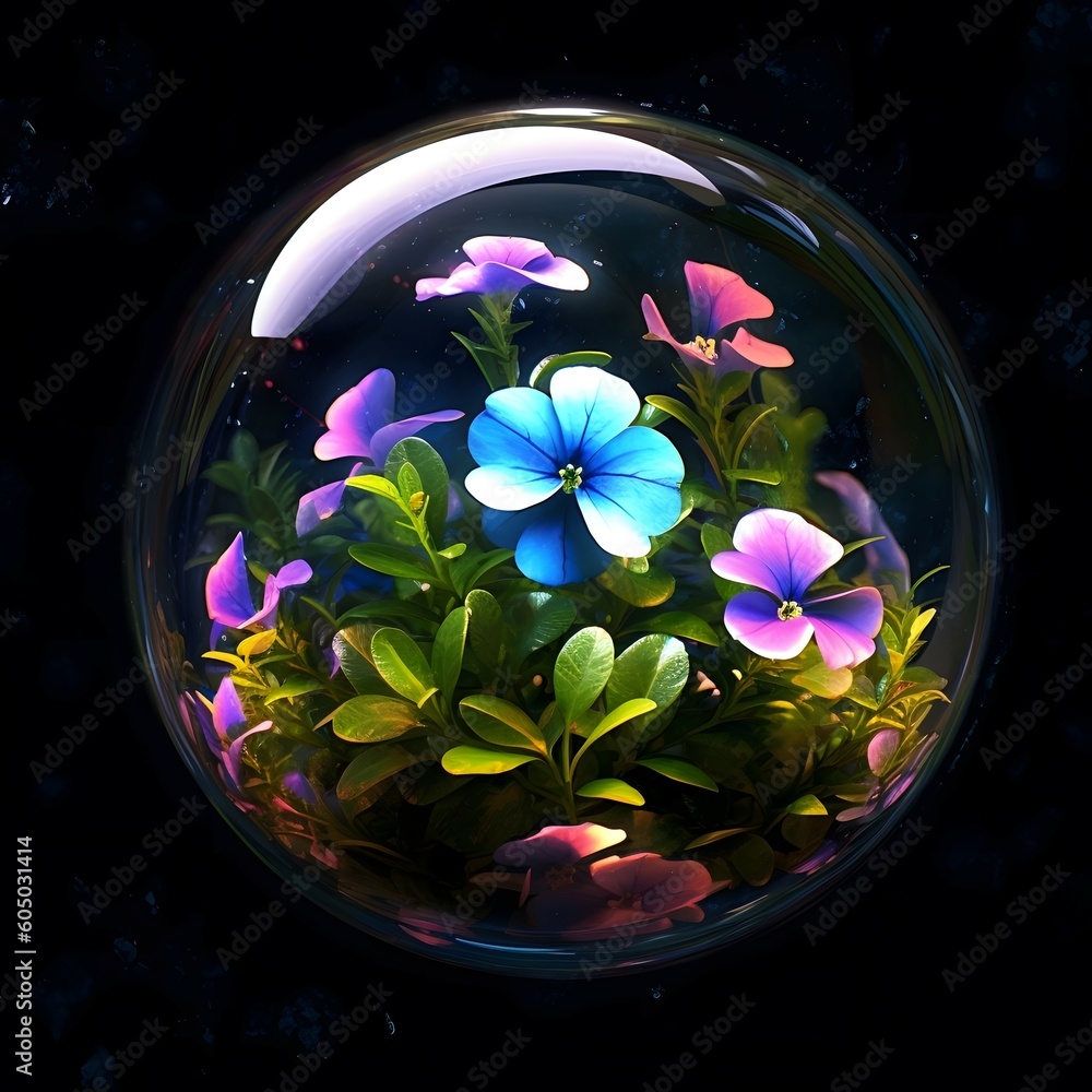 the image shows an vinca minior flowers dropped sea , in the style of ...