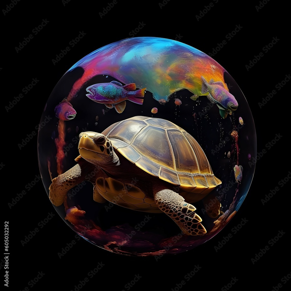 the image shows an orbit of mud turtle and sea cloud, in the style of ...
