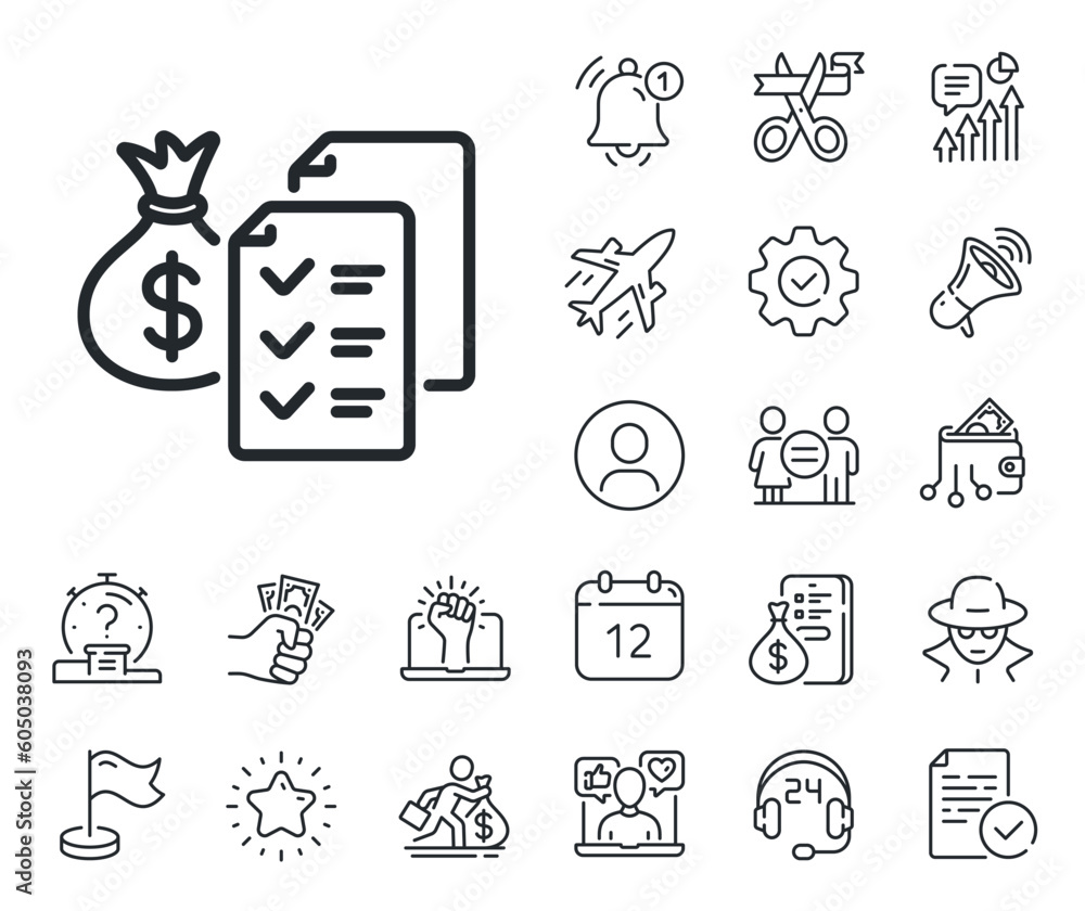 Audit report sign. Salaryman, gender equality and alert bell outline ...