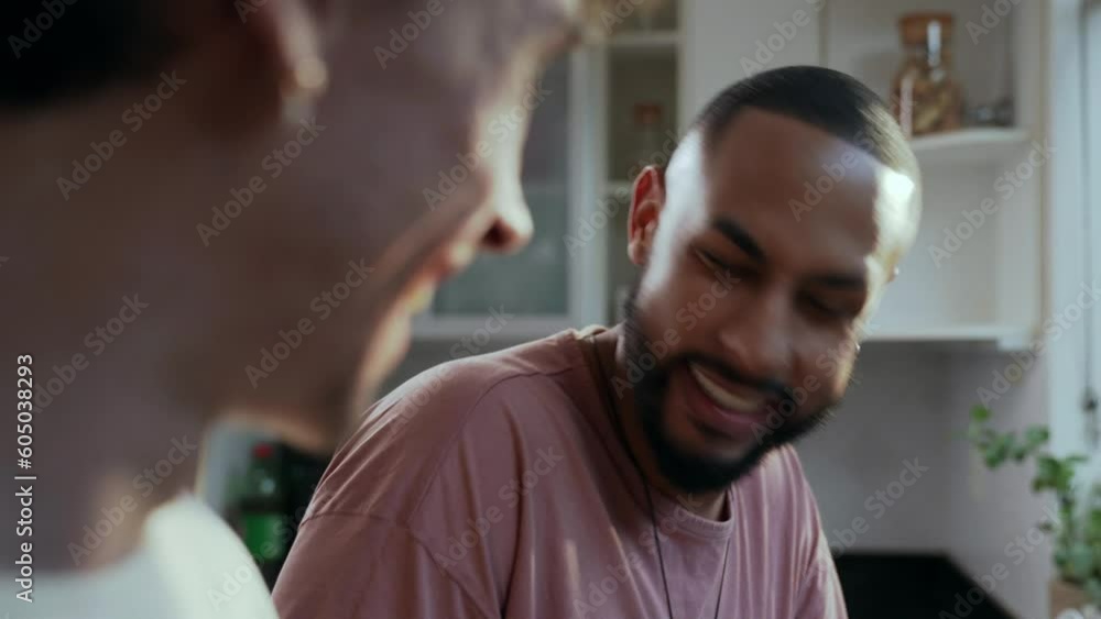 Casal Gay Inter Racial Brasileiro Na Cozinha Conversando E Se Beijando
