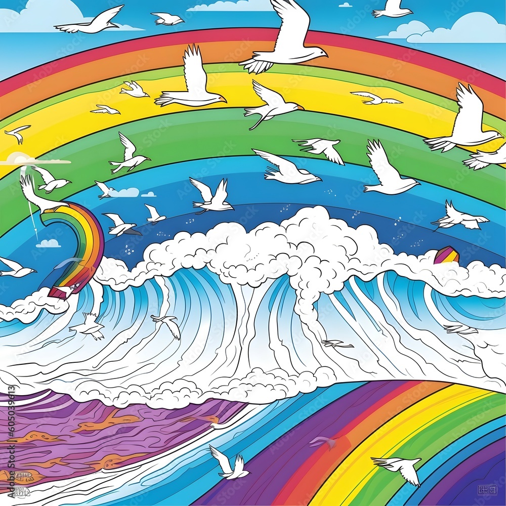 seamless clip art illustration of A beach with a rainbow appearing over ...