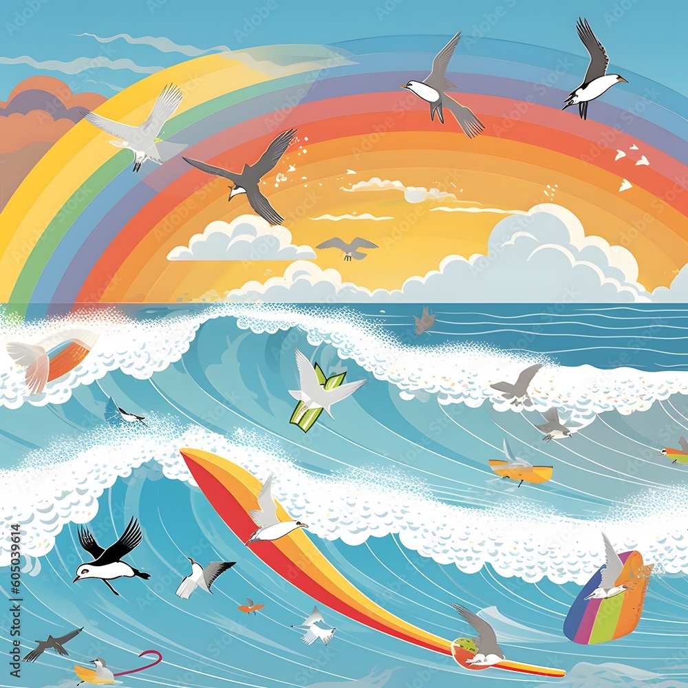 seamless clip art illustration of A beach with a rainbow appearing over ...