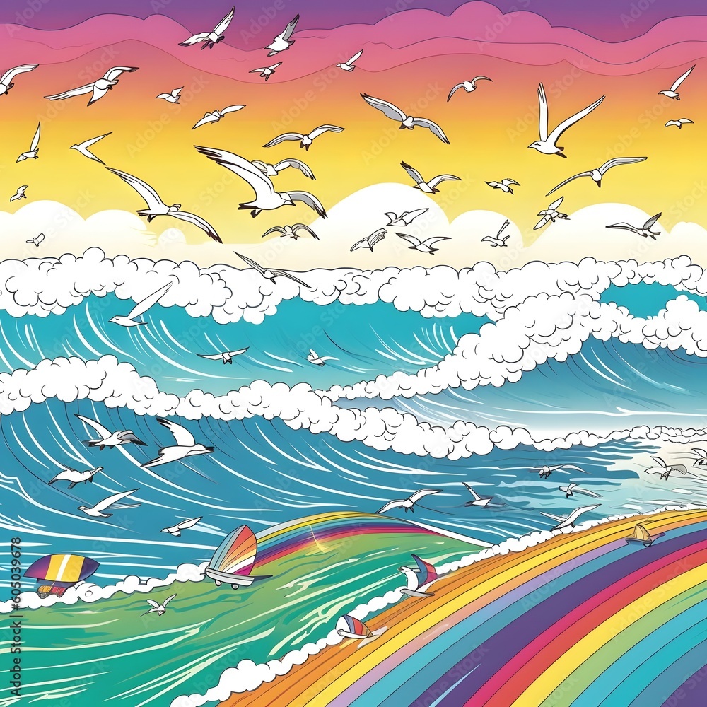 seamless clip art illustration of A beach with a rainbow appearing over ...