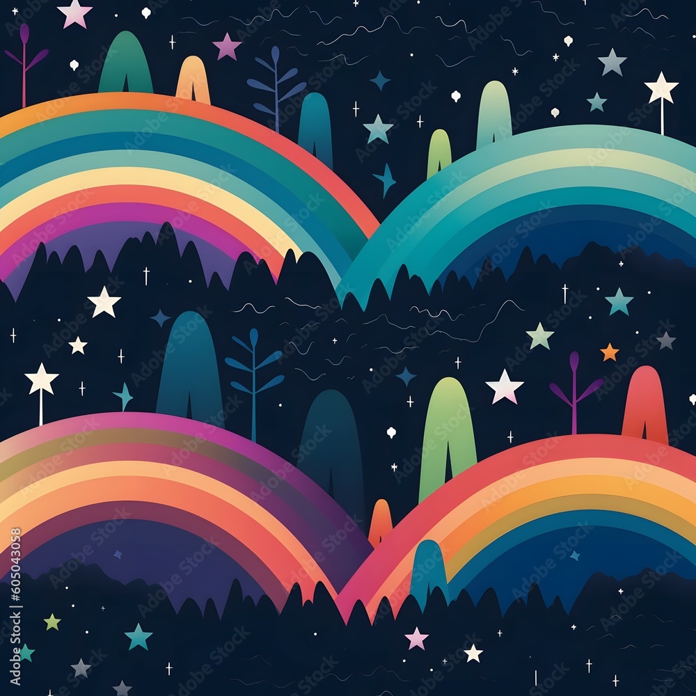 seamless illustration featuring different minimalist rainbow stars ...
