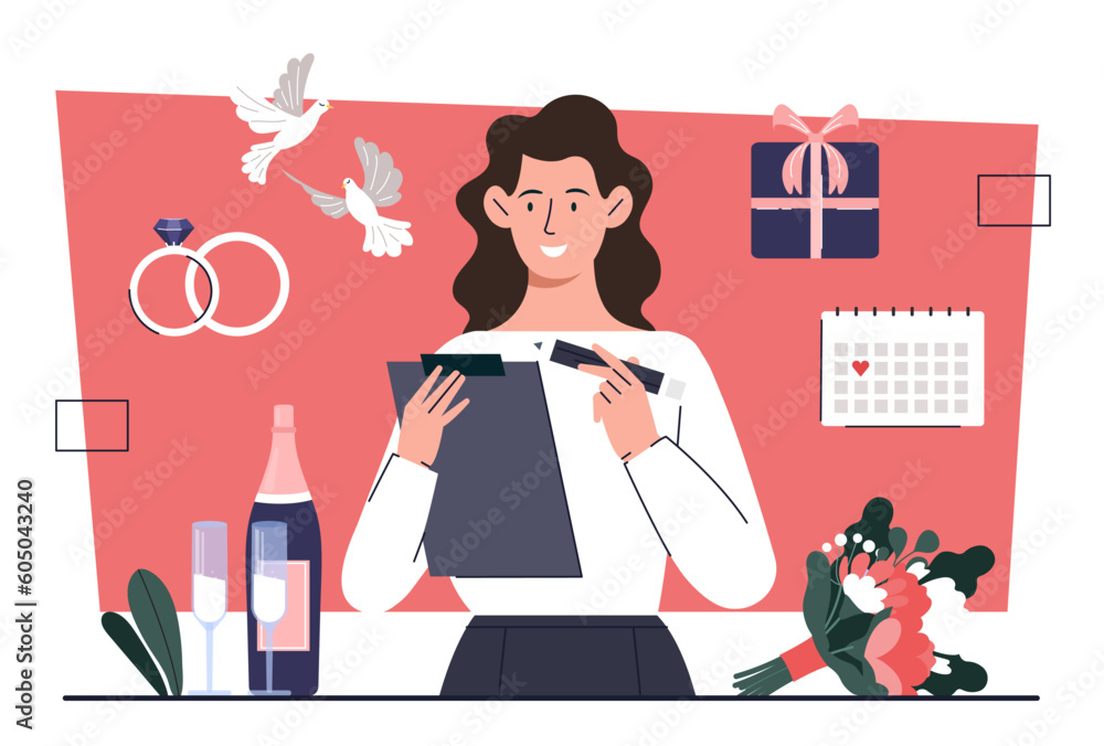 Wedding preparation concept. Woman stands with pencil near list and ...