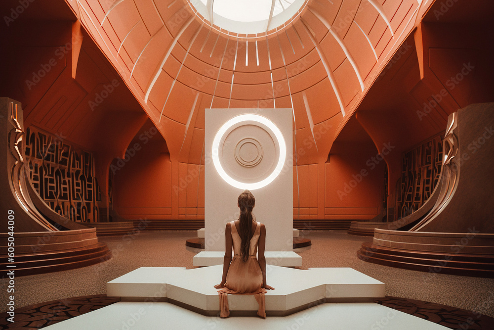 a priestess in a retrofuturistic 70s temple - generative ai Stock ...
