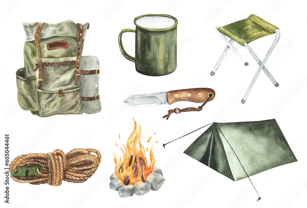 Watercolor camp objects set, adventure outdoor tourist camping symbols ...