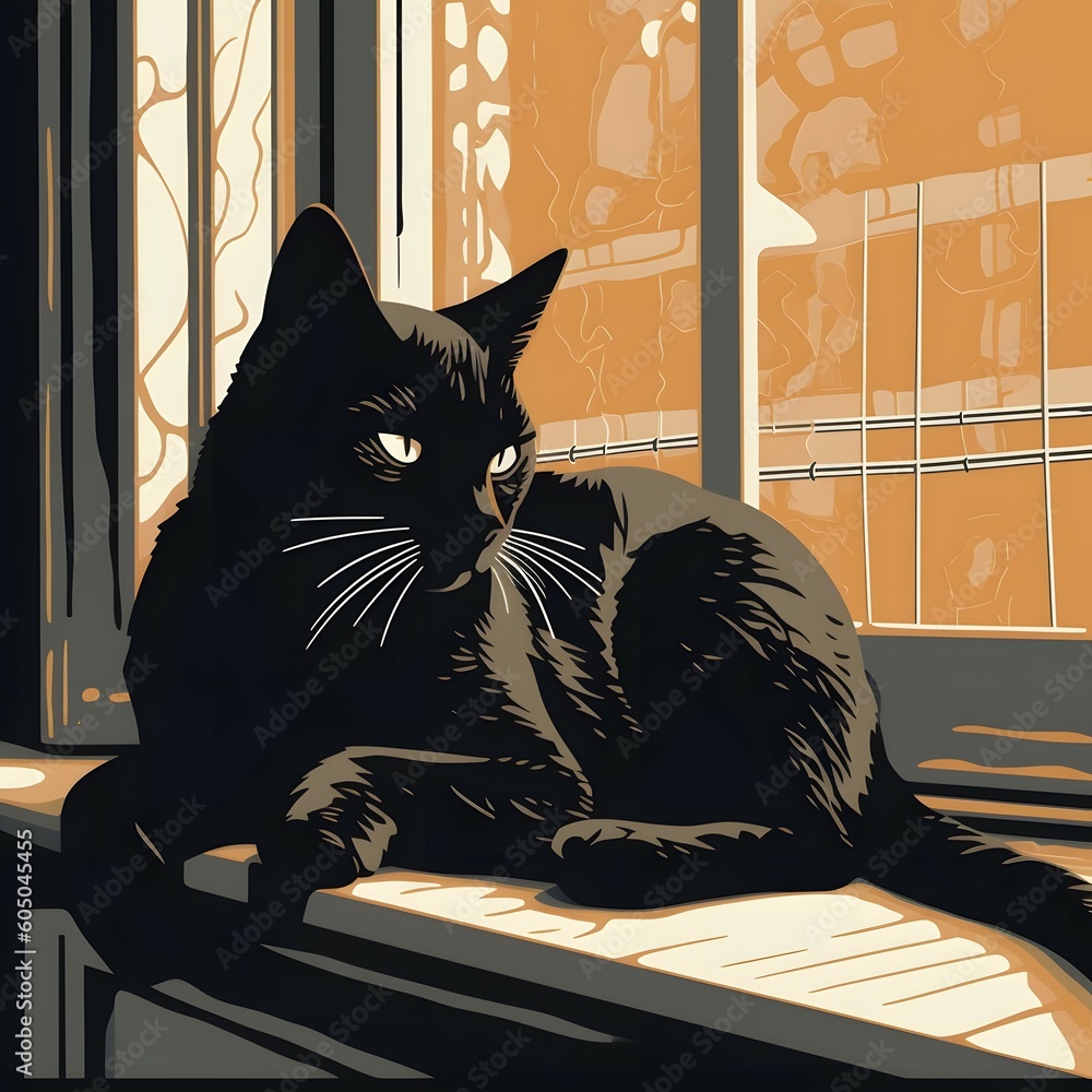 Bold Cat Create a linocut image of a black cat lounging on a windowsill ...