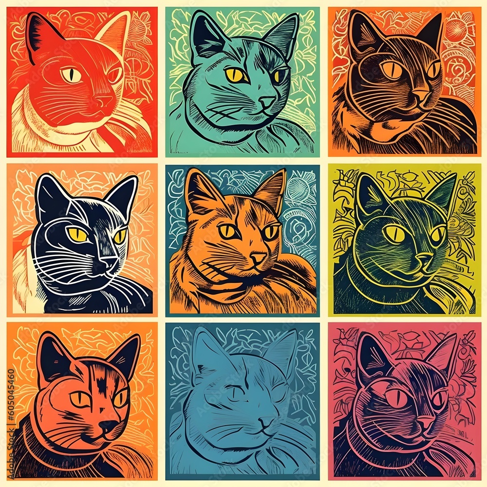Collection of Cats Create a series of linocut images featuring ...