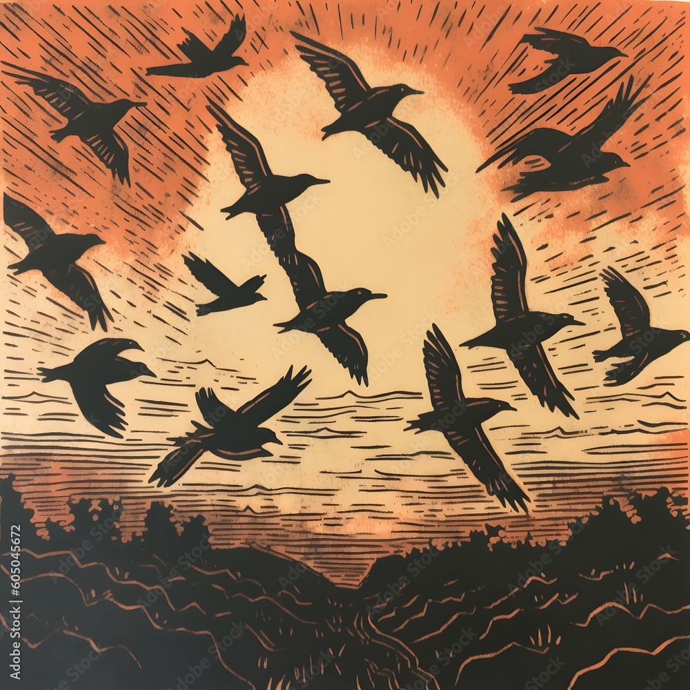handmade linocut of A group of birds in flight, with the sun setting in ...